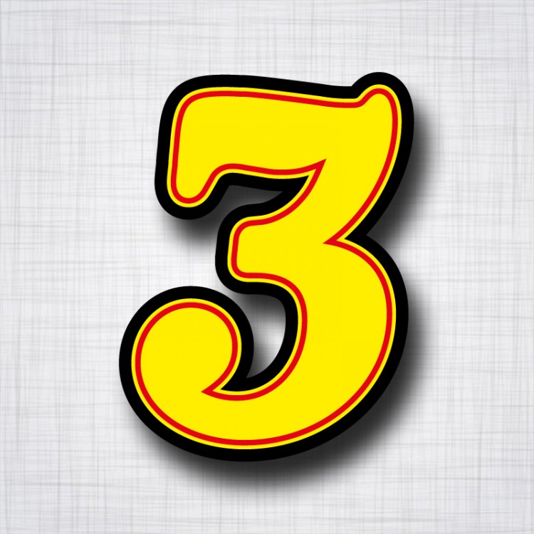 Sticker chiffre 3 Jaune rouge et noir Dimensions ht 90mm