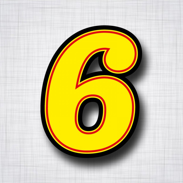 Sticker chiffre 6 Jaune rouge et noir Dimensions ht 90mm